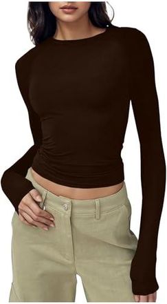 Generic Haut court d&eacute;contract&eacute; &agrave; col rond et manches longues pour femme - Sweatshirt tendance - Couleur unie - Chemisier tendance - Pull uni pour femme - Pull