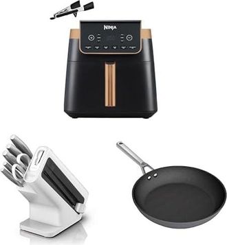 Ninja Hei&szlig;luftfritteuse MAX PRO, 6,2 L Schwarz/Kupfer, AF180EUCP + StaySharp Messerblock Wei&szlig;, K62006EUWH + Foodi ZEROSTICK 28cm Bratpfanne, Grau, C30028EU