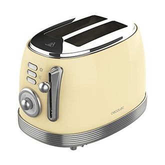 Cecotec Toast & Taste 800 Vintage Light Yellow. 850 W, double fente courte extra large de 3,8 cm, 2 toasts, finitions en acier inoxydable, style vintage, 3 fo