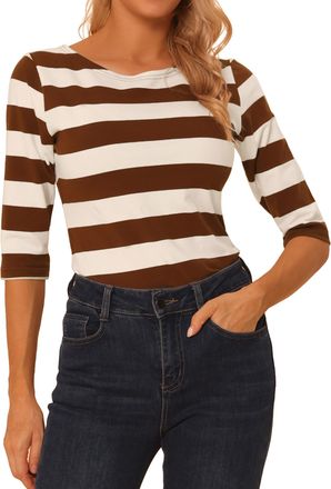 Allegra K Damen Gestreiftes Shirt U Boot Ausschnitt Halbarm Party Ferien Streifen Top Bluse Braun XL