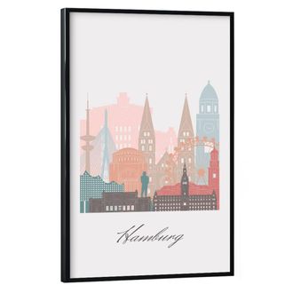 artboxONE Poster mit schwarzem Rahmen 60x40 cm Städte Hamburger Skyline im Pastellstil - Bild Hamburg Boho böhmisch