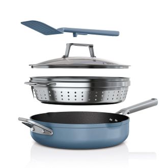 Ninja Foodi CW102BLUK 9-in-1 PossiblePan mit ZEROSTICK, Dampfgarer/Sieb, Spatel, Glasdeckel, 3,8 l, induktionskompatibel, ofenfest bis 260 &deg;C, Blue Macaron,
