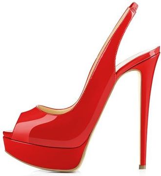 EDEFS Sandales pour Femmes Mode Sexy Talon Aiguille de 14 cm avec Plateforme et Lanière de Cheville Talons Hauts Décolleté pour Mariages Glamour Rouge EU37