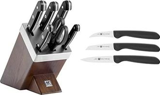 Zwilling Selbstschärfender Messerblock, 7-tlg, Holzblock, Messer und Schere aus rostfreiem Spezialstahl/Kunststoff-Griff, Gourmet & 38115001 Gemüsemesser-Set, 