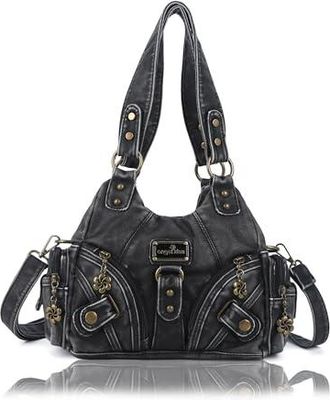 Angel Kiss Petit sac &agrave; bandouli&egrave;re pour femme en cuir v&eacute;g&eacute;talien avec plusieurs poches et fermeture &eacute;clair, Noir r&eacute;tro
