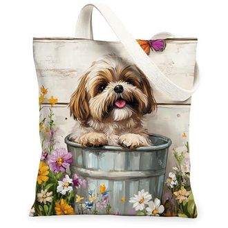 Generic Spring Shih Tzu Sac fourre-tout en toile pour faire du shopping 33 x 38,1 cm, joli sac &agrave; bandouli&egrave;re r&eacute;utilisable en bois de fleur rustique pour femme