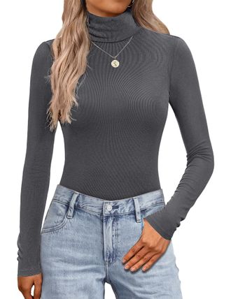 Zeagoo Langarmshirt Damen Rollkragenpullover Elegant Basic Pullover Slim Fit Gerippt Oberteile Stretch T-Shirt Unterhemd Rolli Einfarbig Tops Shirts Casual D