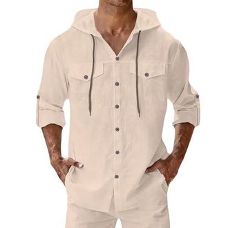 Generic DENGJIAMY Chemises &agrave; capuche &agrave; manches longues pour homme en lin uni &agrave; manches longues d&eacute;contract&eacute;es boutonn&eacute;es chemises tendance v&ecirc;tements de vacance
