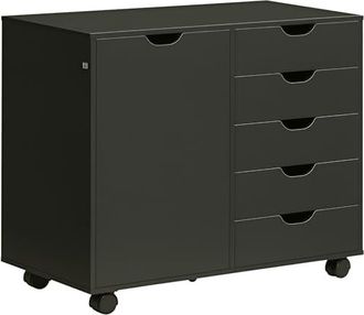 HOMCOM Caisson de bureau mobile avec 5 tiroirs et 1 porte, &eacute;tag&egrave;re r&eacute;glable, meuble rangement bureau, caisson de rangement sur roulettes, pour documents et p