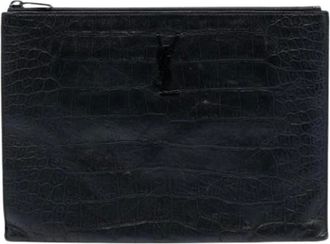 Saint Laurent Pre-owned Pochette en Cuir terdapat Effet Crocodile - Femme - Pre-owned - Noir - Taille: ONE Size