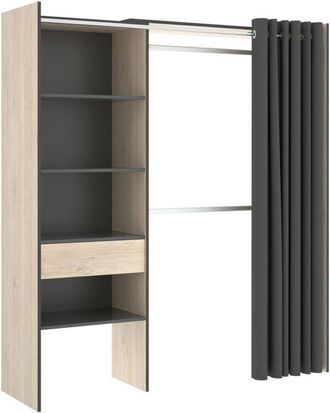 Dmora Kleiderschrank Wetterhorn, Rahmen für begehbaren Kleiderschrank mit Vorhang, offene Garderobe, 160 x 50 x 205 cm, Eiche und Anthrazit - Dmora
