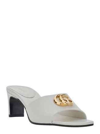 Gucci Womens Leather Heeled Sandals With Gg Plaque White