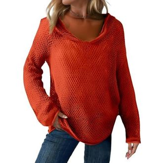 Generic Pull pour femme en crochet ajour&eacute; &agrave; manches longues et &eacute;paules tombantes - Pull &agrave; capuche l&eacute;ger - Coupe ample - Cache-maillot de plage d&eacute;contract&eacute; au 