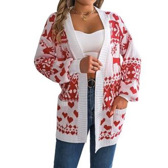 Generic Cardigan de No&euml;l en tricot pour femme, d&eacute;contract&eacute;, l&eacute;ger, &agrave; manches longues, ouvert sur le devant, avec poches, blanc, M