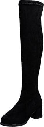 Generic Bottes tendance en daim de couleur unie pour femme - Talon &eacute;pais - Bottes cuissardes pour femme, Noir, 38.5 EU