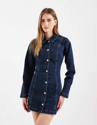 Miss Selfridge Lang&auml;rmliges Minikleid in blauer Waschung mit durchgehender Knopfleiste