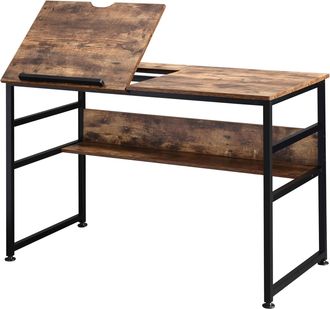 HOMCOM Zeichentisch neigbar Computerb&uuml;ro Industriedesign - hochklappbare Tischplatte, Regal - Spanplatten in Altholzoptik Metall schwarz