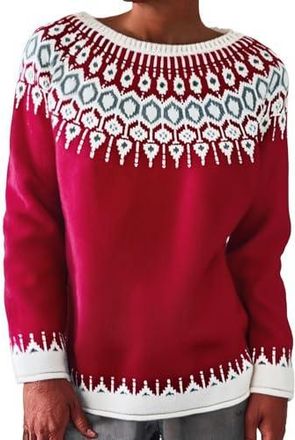 Generic Pull Fairisle pour femme - Pull dautomne en tricot doux et confortable à manches longues - Pull islandais décontracté ample en tricot - Pull nordique 