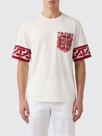 Dolce & Gabbana T-Shirt aus Baumwolle und Seide mit Majolika-Print und Kontrastbesatz