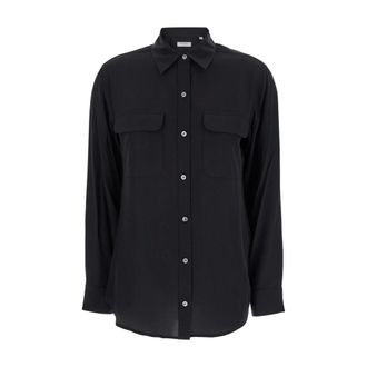 Equipment Femme, Blouses et Chemises, Noir, Taille: 42 FR Chemise Noire En Soie &Agrave; Col Pointu