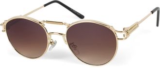styleBREAKER Damen Panto Sonnenbrille mit ovalen Flachgläsern und Metall Bügel, Federn, Silikon Nasenauflage 09020117, Farbe:Gestell Gold/Glas Braun Verlauf