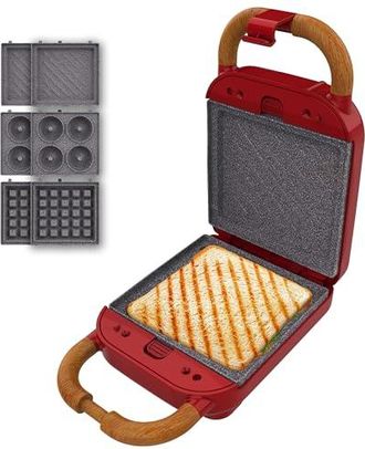 Cecotec Sandwichmaker Vintage RockNtoast Retro One Rot. 700W, 3 austauschbare Platten, Retro-Design, Rockstone-Beschichtung, Leuchtanzeige, rutschfeste Basis,