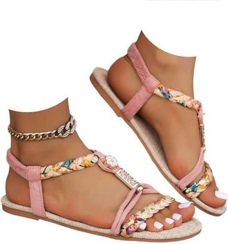 Generic Sandales plates &agrave; lani&egrave;res pour femme - Bout ouvert - Style d&eacute;contract&eacute; - Style boh&egrave;me - Sangle de cheville - Confortables - Large largeur - Perles - 