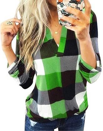 Onsoyours Chemisiers et Blouses Femme Carreaux Chemise Classique Retro T Shirt Casual Vintage Femmes &agrave; Carreaux &agrave; Rayures &agrave; pour Chemise &agrave; Manches Col V Vert 40