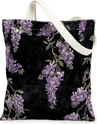 Generic Sac fourre-tout en toile de glycine printani&egrave;re pour le shopping, 33 x 38 cm, sac d&eacute;picerie r&eacute;utilisable vintage pour femme, motif floral de voyage, d