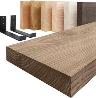 Lamofootwear Manufaktur &Eacute;tag&egrave;re murale avec supports en J noirs | Etagere murale 60 cm pour salle de bain, couloir, cuisine style industriel | Couleur: noisette, B