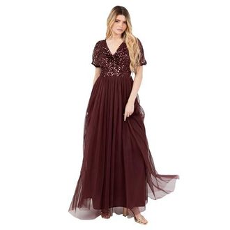 Maya Womens Maxi Dress Ladies V-Neck Short Puff Sleeve Sequin Embellished Twist Front Tulle A-Line Bridesmaid Prom Ball Gown, Cranberry 46
