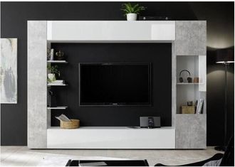 Les Tendances Les Tendances - sienna Composition murale tv - Laque blanc et beton - L295 x P30 x H187 cm