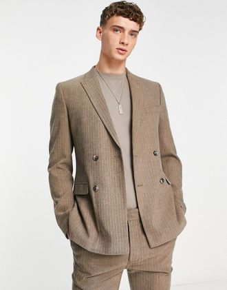Topman Sehr eng geschnittene, zweireihige Anzugjacke in Braun mit Fischgr&auml;tmuster