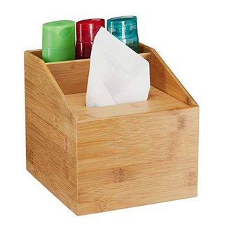 Relaxdays Tuchspender Bambus, modernes Design, 2 F&auml;cher, mit Deckel, Tischorganizer, H x B x T: 20 x 19,5 x 22 cm, natur, 1 St&uuml;ck