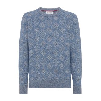 Brunello Cucinelli Homme, Pulls, Bleu, Taille: L Pull en Tricot Intarsia Bleu