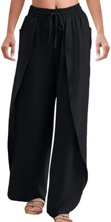 Generic Robe boh&egrave;me 2026 pour femme, pantalon d&eacute;t&eacute; &agrave; jambes larges, fente lat&eacute;rale fluide, palazzo, pantalon de plage taille haute, Noir, XXL