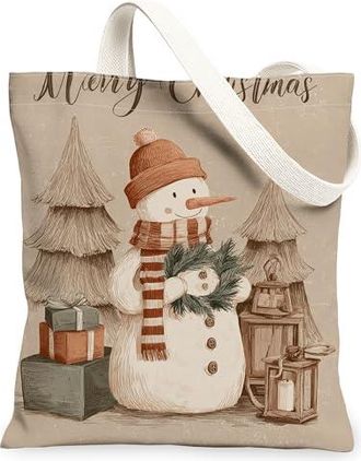 Generic Sacs fourre-tout en toile motif bonhomme de neige de No&euml;l, sacs d&eacute;picerie r&eacute;utilisables, l&eacute;gers et lavables, beige, 13x15 Inch