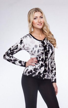 Passioni Strickjacke Twinset mit grauem abstraktem Blumenmuster und schwarzen Kantendetails