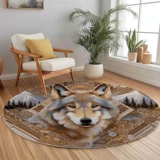 Generic 100 cm Kaki Tapis Rond Salon, For&ecirc;t Animaux Loups Imprim&eacute; Tapis de Sol Antid&eacute;rapant, Abstrait pour Chambre Cuisine Balcon Terrasse Salle &agrave; Manger Int&eacute;