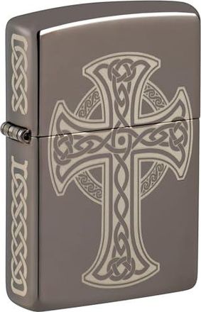 Zippo Sturmfeuerzeug - Celtic Cross, Black Ice, Laser Engrave (4 Sided) - Nachfüllbar - Wiederverwendbar - Windfestes Design - Geschenkbox - Made in USA