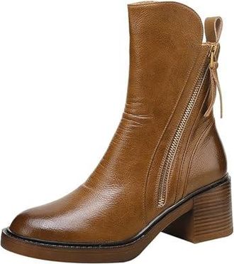 Generic Bottines en cuir, bottes r&eacute;tro &agrave; bout rond confortables &agrave; talon bas mi-mollet, bottines d&eacute;contract&eacute;es avec deux fermetures &eacute;clair lat&eacute;rales pour affai