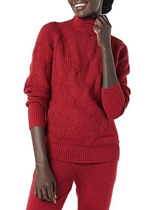 Amazon Essentials Pull torsadé Doux au Toucher à col Entonnoir pour Femme, Rouge foncé, Taille M
