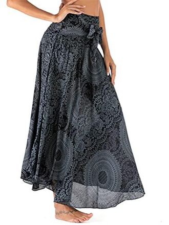 ORANDESIGNE 2 en 1 Jupe Longue Été Femme Fluide Midi Robe Boho Chic Femme Jupe de Plage Fleurie Vacances Jupe Africaine Été B Noir Taille Unique