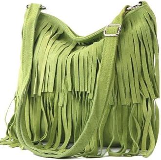 modamoda.de ital sac à bandoulière en daim frangé T125, Couleur:Pomme Verte