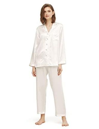 LilySilk Pyjama en Soie 2 Pi&egrave;ces, Chemise Boutonn&eacute; en Manches Longues et Pantalon Fluide pour Femmes Blanc Naturel Grand