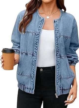 Generic Blouson bomber en jean tendance d&eacute;contract&eacute; &agrave; manches longues pour femme, coupe ample, tenue dautomne, noir fonc&eacute;, L