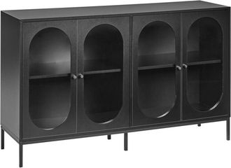 Beliani Sideboard Schwarz Holzwerkstoff u. Sicherheitsglas Halbhoch mit 4 Türen Hohe Metallfüße Industrie-Design für Wohnzimmer Esszimmer Küche