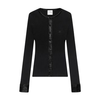 Courr&egrave;ges Kontrastierender Rippstrick-Cardigan mit Vinylbesatz - - Knitwear - Damen - Schwarzk - M