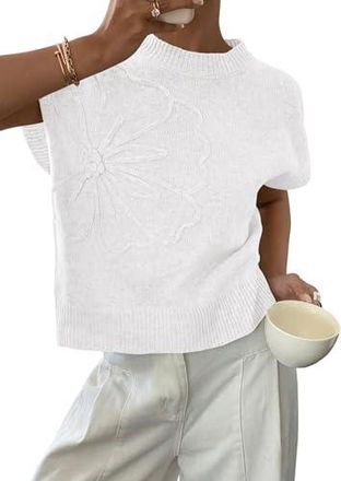 Generic Pull pelucheux &agrave; manches courtes pour femme - Tendance - En tricot floral - Joli pull - D&eacute;bardeurs d&eacute;contract&eacute;s - Tenue de bureau, blanc, XL
