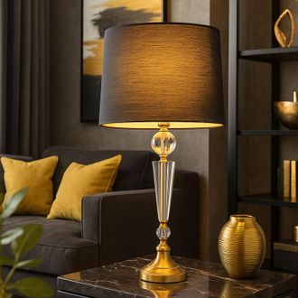 Globo Lighting Tischleuchte Beistelllampe Nachttischlampe Textil Messing Kristalle h 66 cm